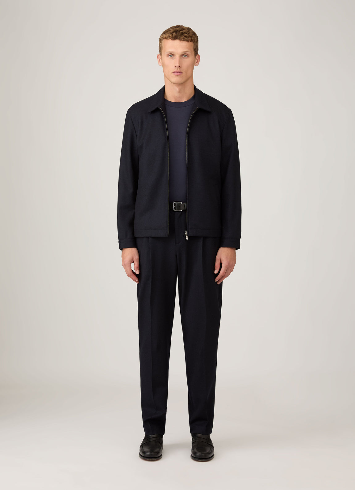 Men's Boiled Wool Harrington Jacket in Navy | Sunspel