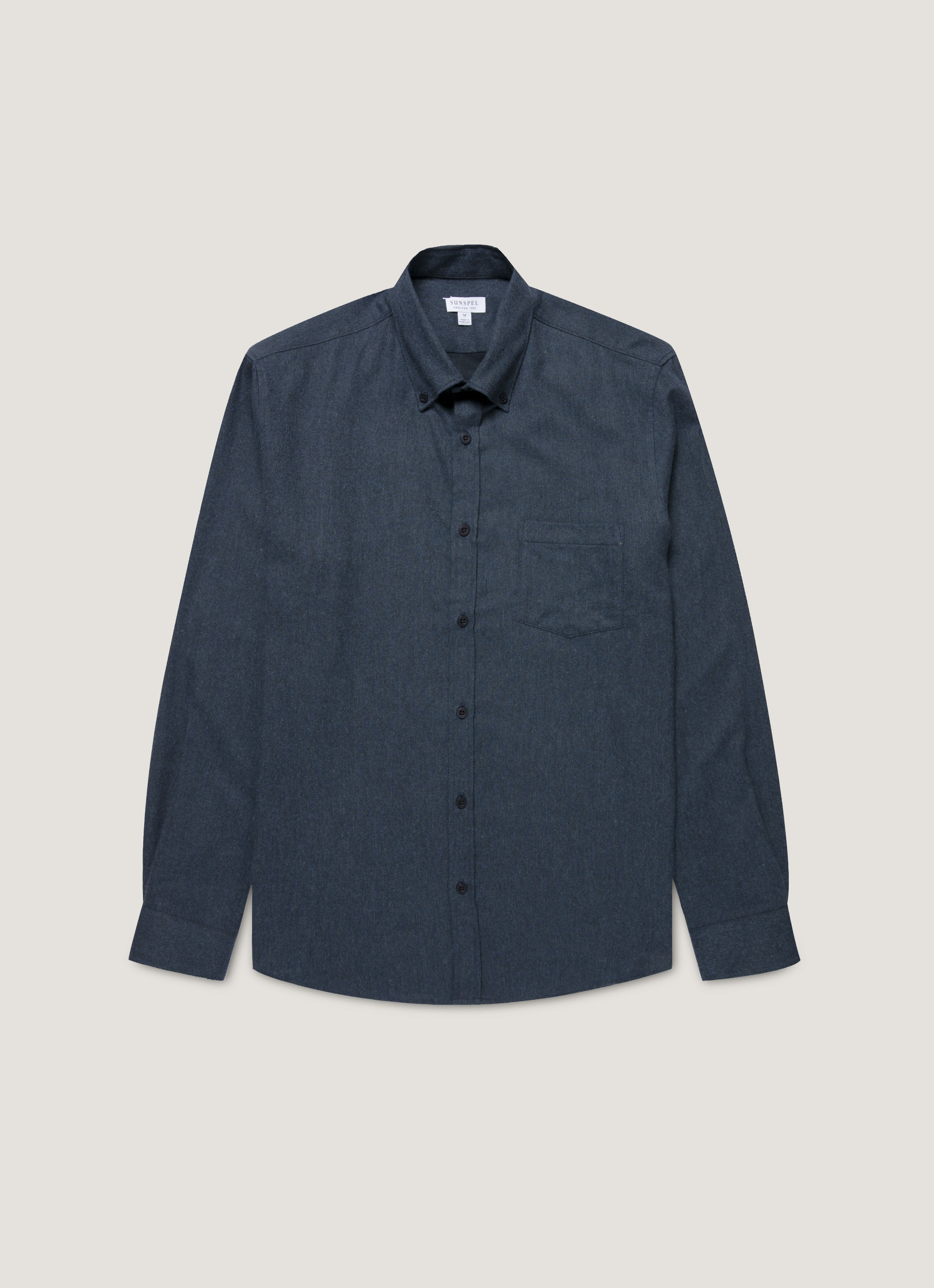 Men's Button Down Flannel Shirt in Selvedge Blue Melange | Sunspel